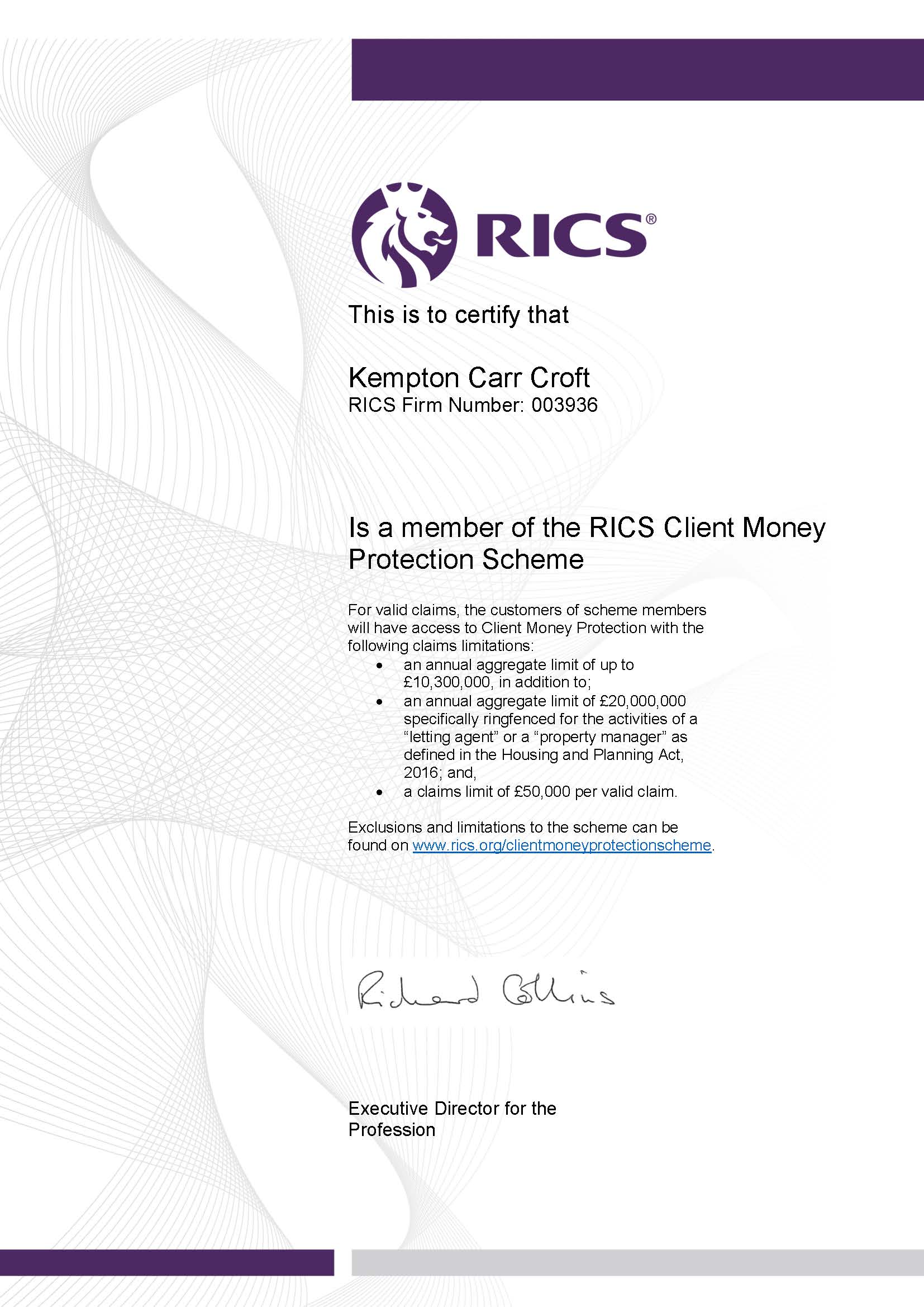 Client money protection certificate - Kempton Carr Croft